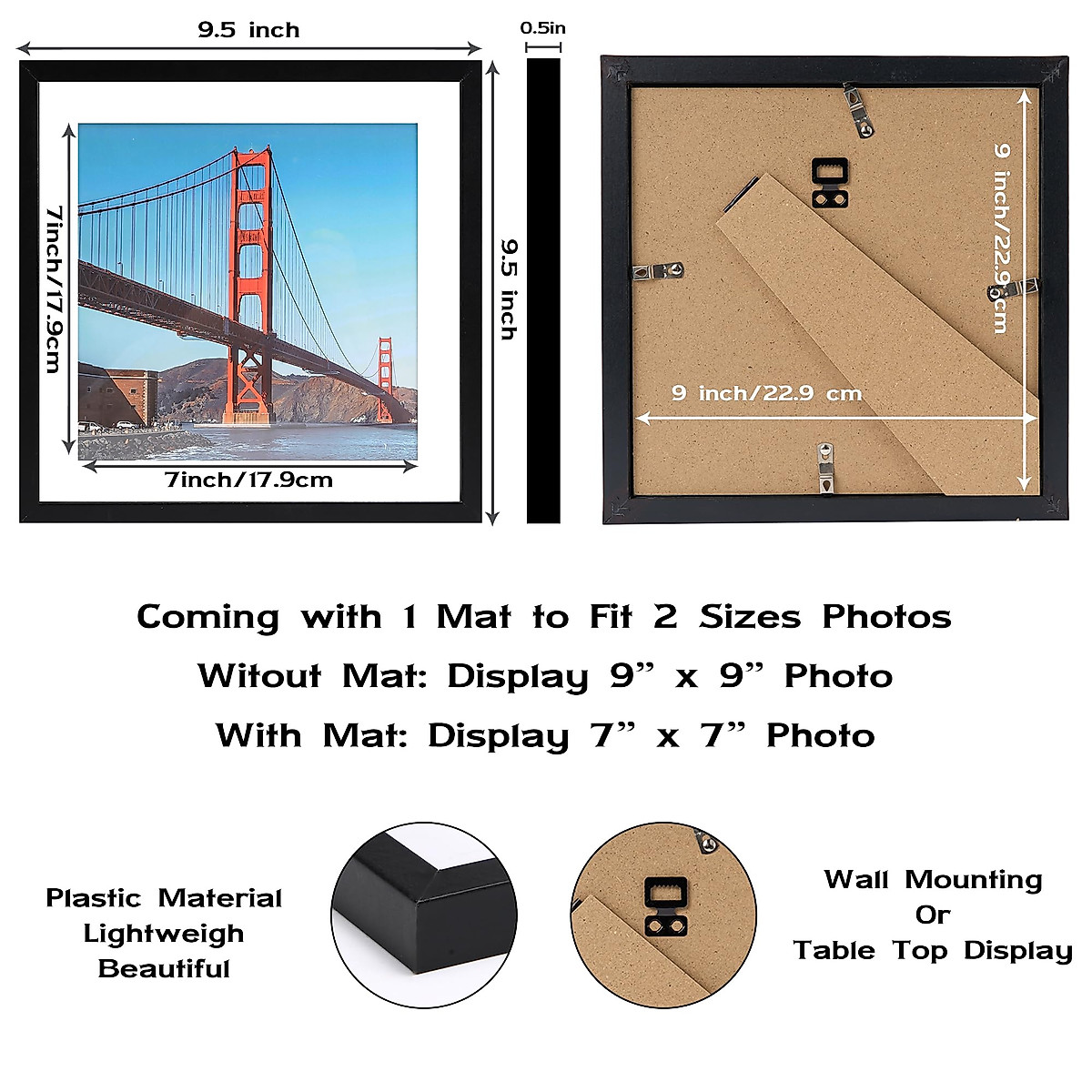 OMISHE 9x9 inch Picture Frame Black for Wall Hanging or Tabletop Poster, Frame Display 7x7 inch with Mat or 9x9 Without Mat, Square Wall Gallery Photo Frame, Black