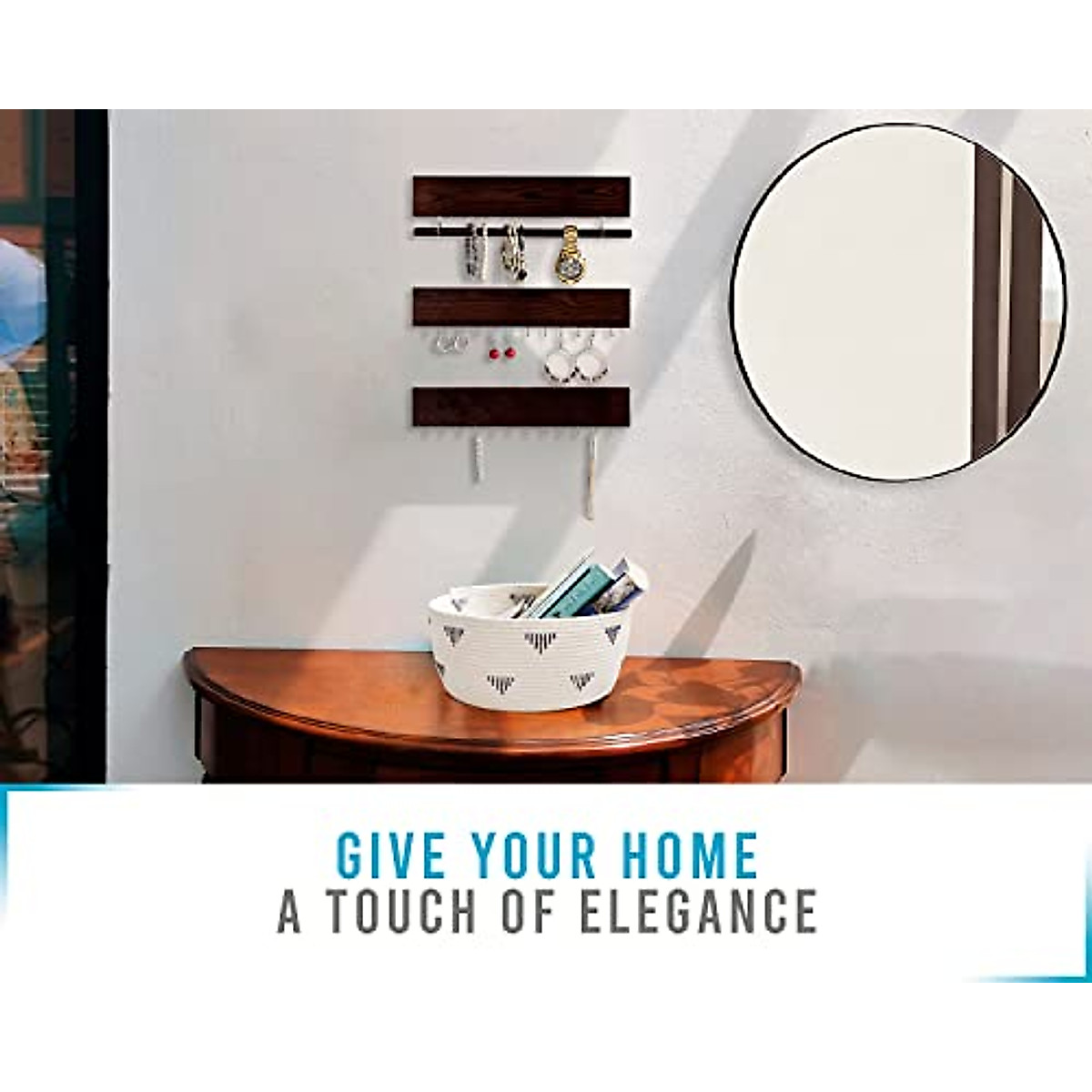 Comfify Rustic Jewelry Display Organizer for Wall – Wall Mounted Jewelry Holder Organizer with Removable Bracelet Rod and 24 Hooks – Perfect Earrings, Necklaces and Bracelets Holder – Dark Brown