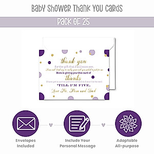 Paper Clever Party 25 Purple and Gold Baby Thank You Cards Pack – Cute Baby Shower Notes with Envelopes, Prefilled Message, Customizable Blank Stationery, Princess Theme, New Parents Gift Ideas