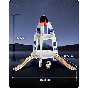SainSmart Jr. Wooden Train Track Accessory, Space Launcher Rocket Ship Play Set with Astronauts, Compatible with Brio, Thomas, Melissa and Doug