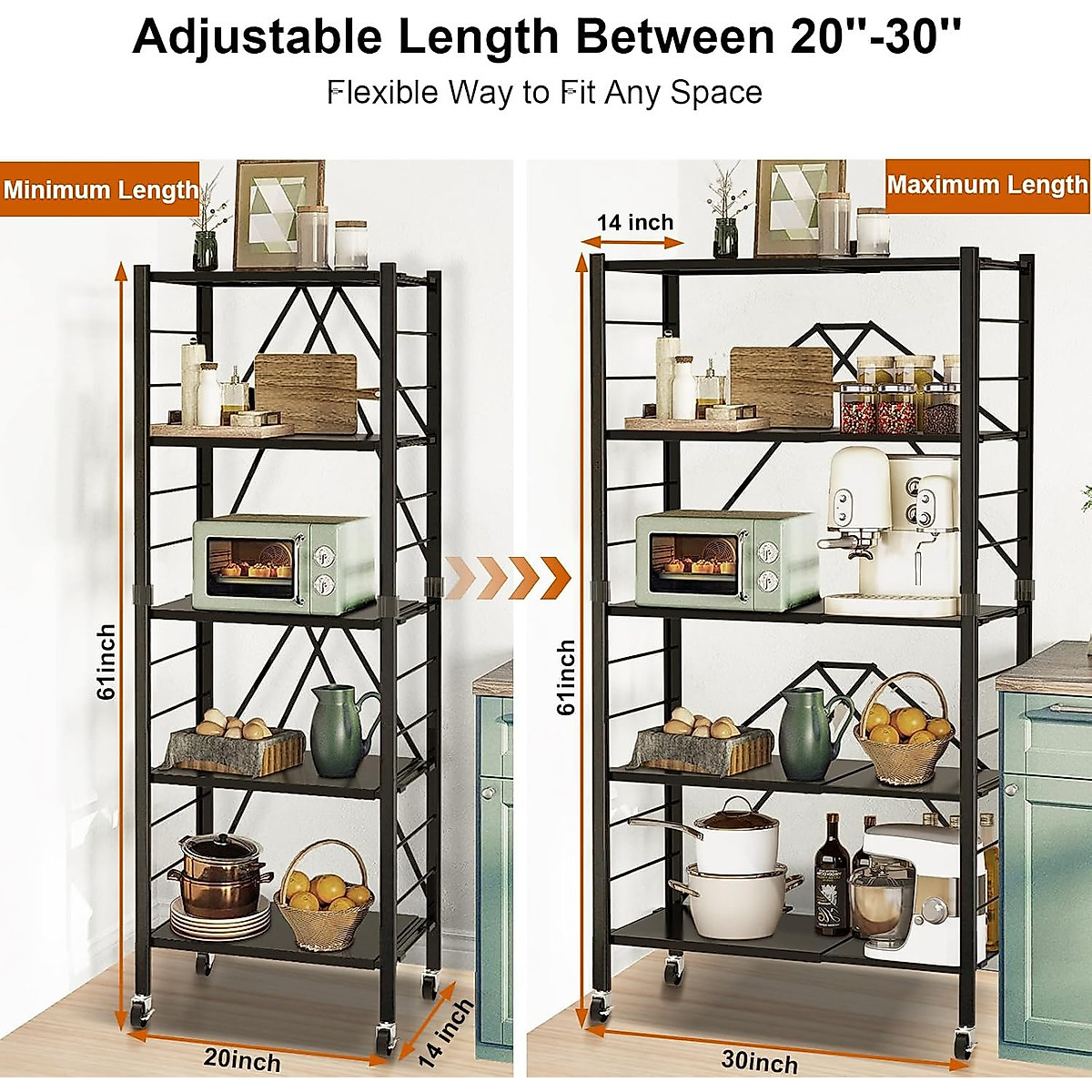 5 Tier Foldable Storage Shelves, Expandable Folding Shelving Units with Wheels, Changeable into 2 Shelf Units, Collapsible Adjustable Storage Rack Metal Shelves for Storage, Pantry, Garage, Kitchen