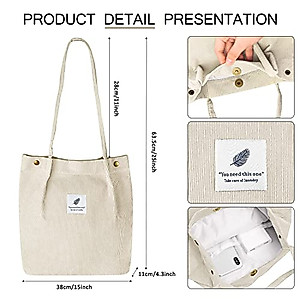 Ayieyill Corduroy Tote Bag for Women Canvas Shoulder Cord Purse with Inner Pocket（Beige）