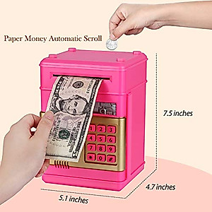 TUSEASY Piggy Bank, Birthday Toys Gifts for 4 5 6 7 8 9 10 Year Old Boys Girls, Electronic Real Money Coin ATM Machine, Plastic Large Saving Bank Safe Lock Box, Kids Kawaii Cute Stuff (Deeppink)