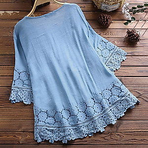 Womens 3/4 Sleeve Shirts Casual Bow V Neck Lace Tops Blouse Fashion Boho Shirts for Women