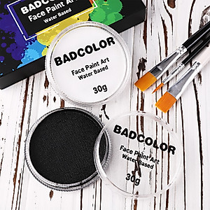 Black & Clown White Face Body Paint with 3Pcs Painting Brushes, Water Based SFX Makeup Palette for Kids & Adults, Non-Toxic Facepaint for Halloween, Cosplay, Costume & Theater