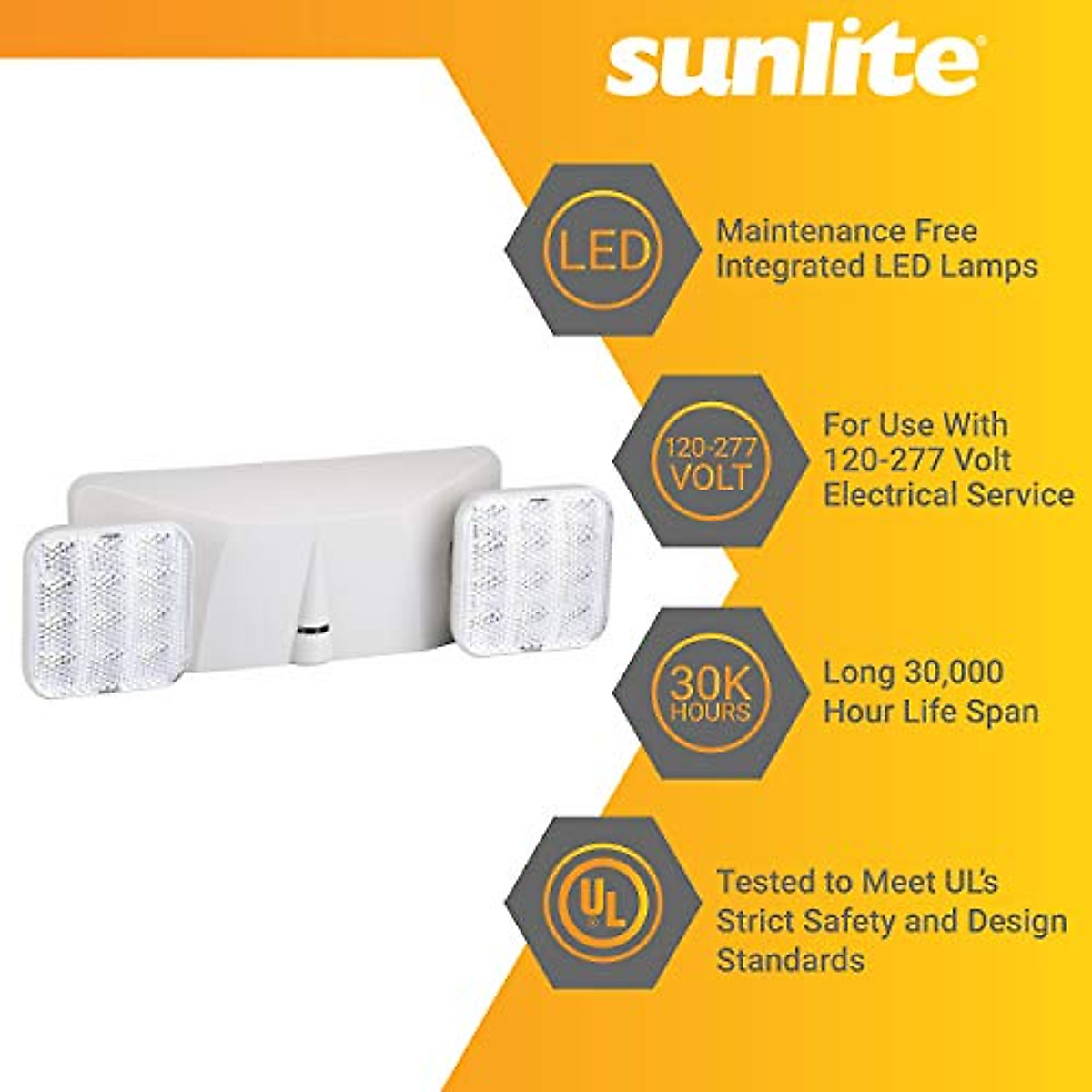 Sunlite 05268-SU LED Emergency Light Fixture, 2.4 Watts, 120-277 Volt, Dual Heads, 90-Minute Battery Backup, Wall or Ceiling Mount, IP20, UL Listed, White