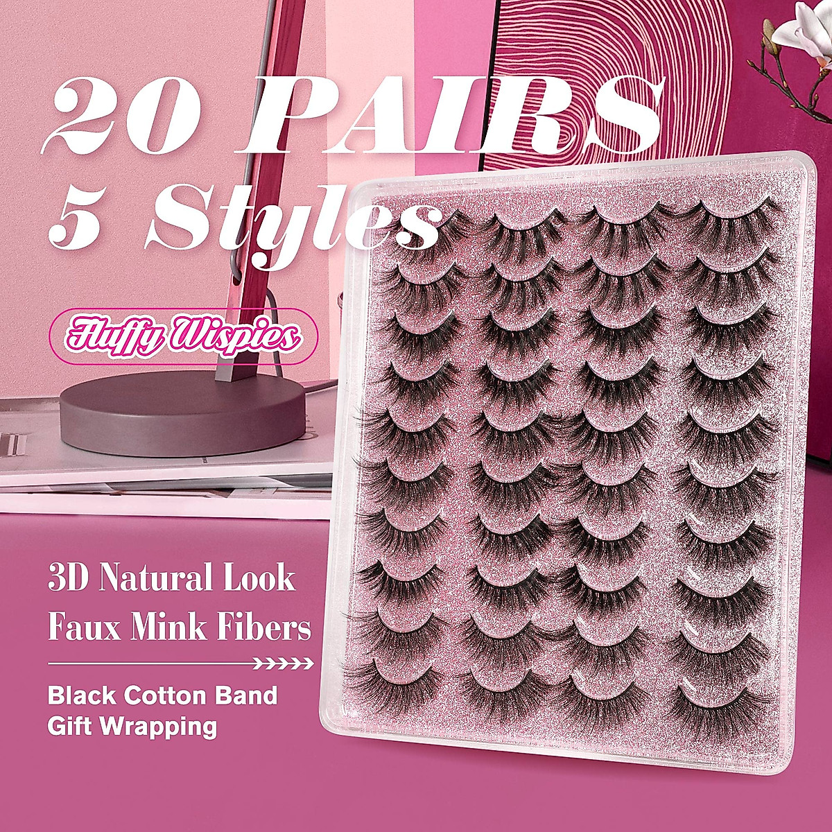 20 Pairs False Eyelashes 3D Faux Mink Lashes Natural Look Wispy Fake Eyelashes ALPHONSE 16-20MM Fluffy Volume Long Thick Lashes Pack 5 Styles Mixed