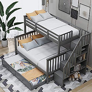 FIQHOME Stairway Twin-Over-Full Bunk Bed with Twin Size Trundle,Bunk Bed Frame Convertible into 2 Beds Storage and Guard Rail for Bedroom, Dorm, for Adults,Gray