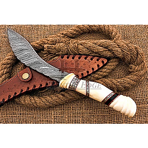 HUNTEX Unique Custom Handmade Hand Forged Damascus Steel 15 Inch Long Full Tang Camel Bone Handle Razor Sharp Hunting Camping Kukri Knife with Genuine Leather Sheath