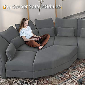 LLappuil Oversized Modular Sectional Sofa 214.6" 16-Seater U Shaped Couch with Large Storage Chaise, Velvet High Back Recliner Couches with Big Ottoman for Living Room, Grey