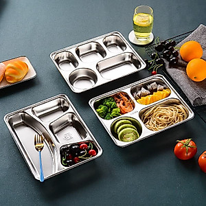 Tebery 3 Pack Stainless Steel Rectangular Divided Plates Tray, 5 Sections Dinner Plates for Adults,Kids, Picky Eaters, Campers, and Portion Control