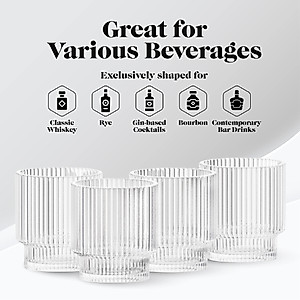 American Atelier Vintage Art Deco Fluted Drinking Glasses | Ribbed Glassware for Cocktail, Gin, Whiskey, & More | Modern Glassware | Lowball Fluted Cocktail Glasses | Set of 4 | 9 Oz (Clear)