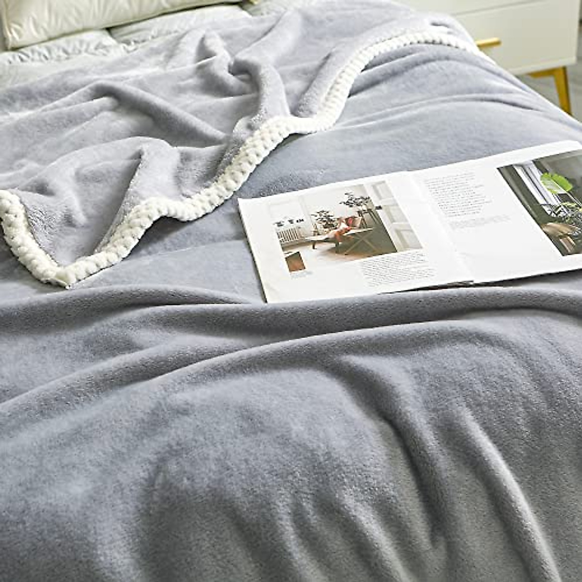 PAUHN Fleece Blanket Throw XL Size Light Grey 48"x80" Throw Blanket for Couch Nice White Edging Soft Blanket Warm,Plush,Fluffy,Cozy,Thick,Throw for Sofa,Bed,Office Travel