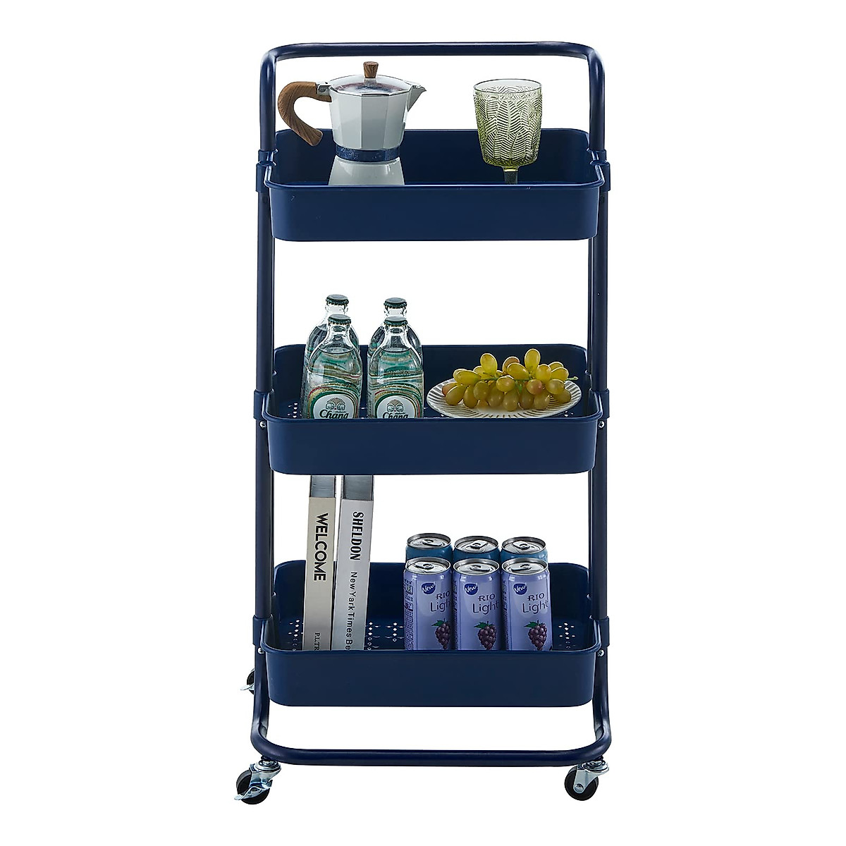 TUKAILAi 3-Tier Rolling Storage Cart with Lockable Wheels and Ergonomic Handle, Slide Out Utility Shelving Unit Organizer Serving Trolley Clearing for Kitchen Bathroom Laundry Bedroom (Dark Blue)