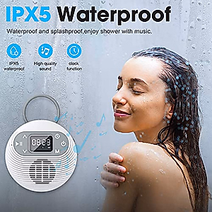 JOYMUZ Shower Speaker FM Radio Waterproof Bluetooth 5.0 Wireless Built-in Mic with Suction Cup, 10H Playtime for Home, Beach, Camping, Hiking