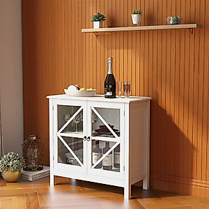 Modern Buffet Cabinet, Display Sideboard Cabinet with Double Glass Doors Kitchen Buffet Console Table with Metal Handle Kitchen Cupboard for Bathroom, Living Room, Bedroom, Kitchen, White