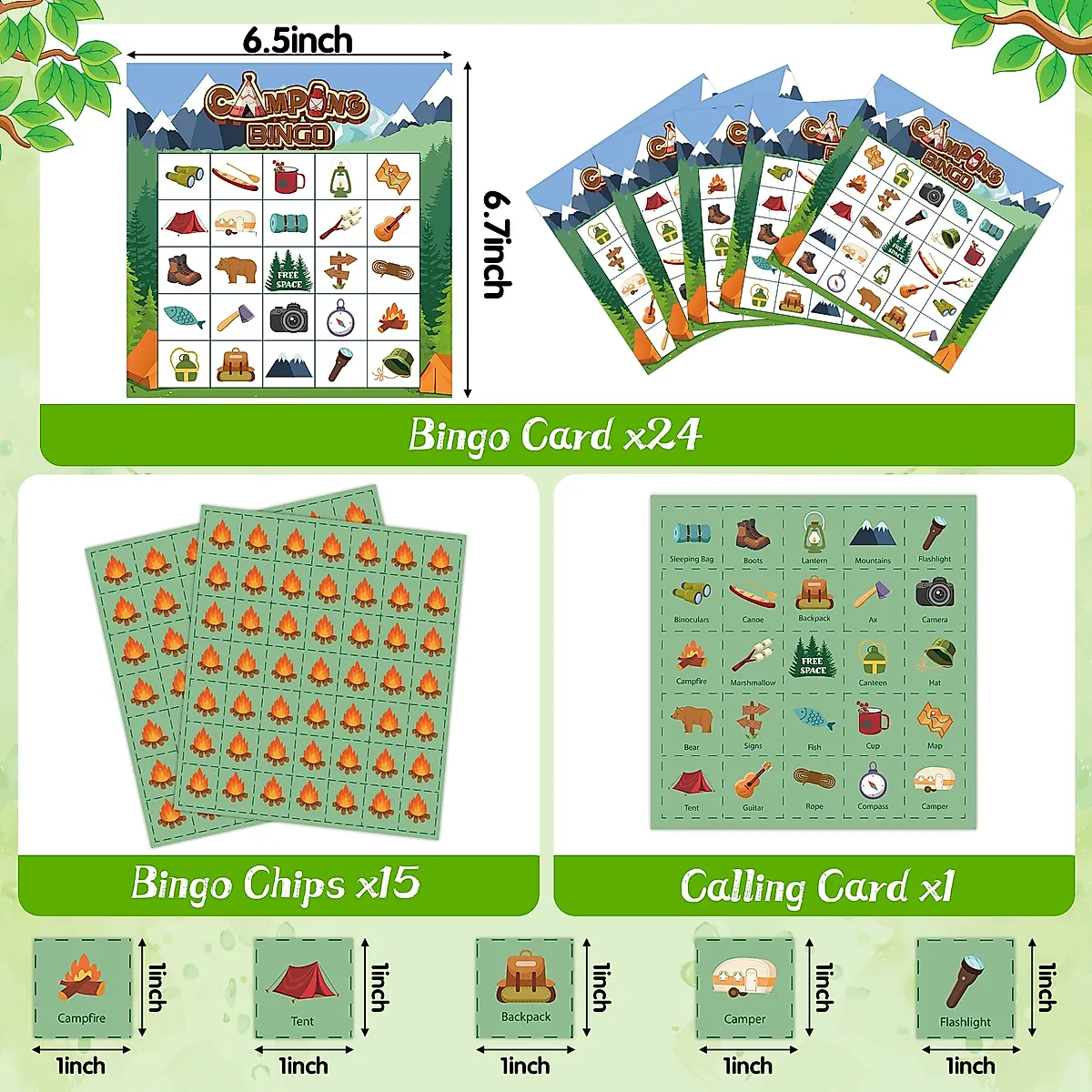41Pcs Camping Bingo Game Cards for Kids - Camp Adventure Party Games with 24 Players - Jungle Bingo Cards Chips for Kids Family Travel Indoor Outdoor Activities School Classroom Birthday Supplies