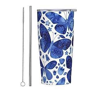 EVANEM 20 Oz Stainless Steel Tumbler With Straw Cleaner Blue Butterflies Printed Insulated Cup Travel Coffee Mug Vacuum Insulated Tumblers For Home Office