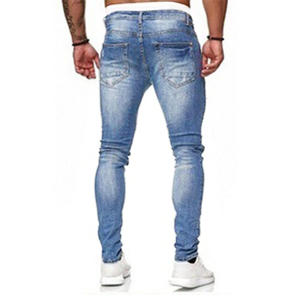 HUNGSON Men's Blue Slim Fit Jeans Stretch Destroyed Ripped Skinny Jeans Side Striped Denim Pants(LLBlue,30)
