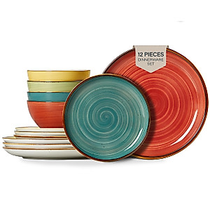 ONEMORE Plates and Bowls Set - Microwavable, Oven & Dishwasher Safe Porcelain Dinnerware Set - Scratch Resistant, Ceramic Dish Set for 4(12pcs) - Assorted Colors