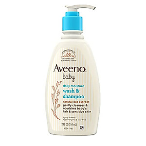 Aveeno Baby Daily Moisture Gentle Body Wash & Shampoo with Oat Extract, 2-in-1 Baby Bath Wash & Hair Shampoo, Tear- & Paraben-Free for Hair & Sensitive Skin, Lightly Scented, 12 fl. oz