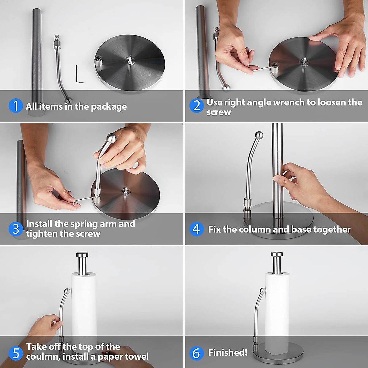 Paper Towel Holder Stand Stainless Steel Easy Tear Paper Towel Holder with Adjustable Spring Arm for Kitchen Bathroom