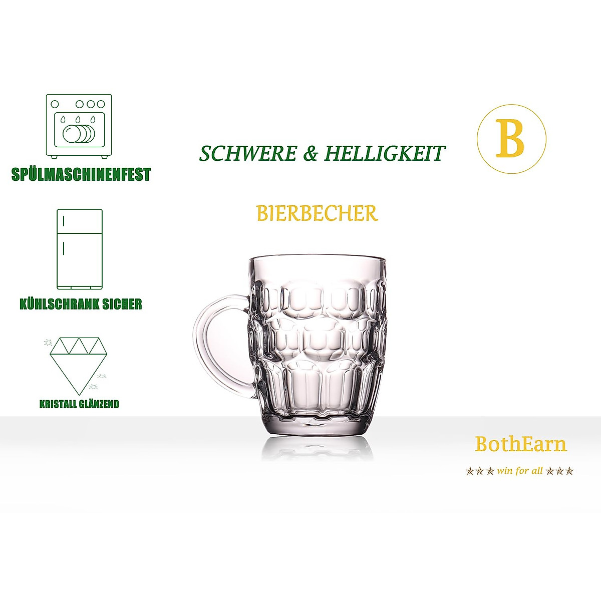 BothEarn 1 Pint Dimpled Beer Mug Set of 2 - Heavy British Pub Thick Glass with Handle - Stein Cup for Beer Lover in Home Party BBQ