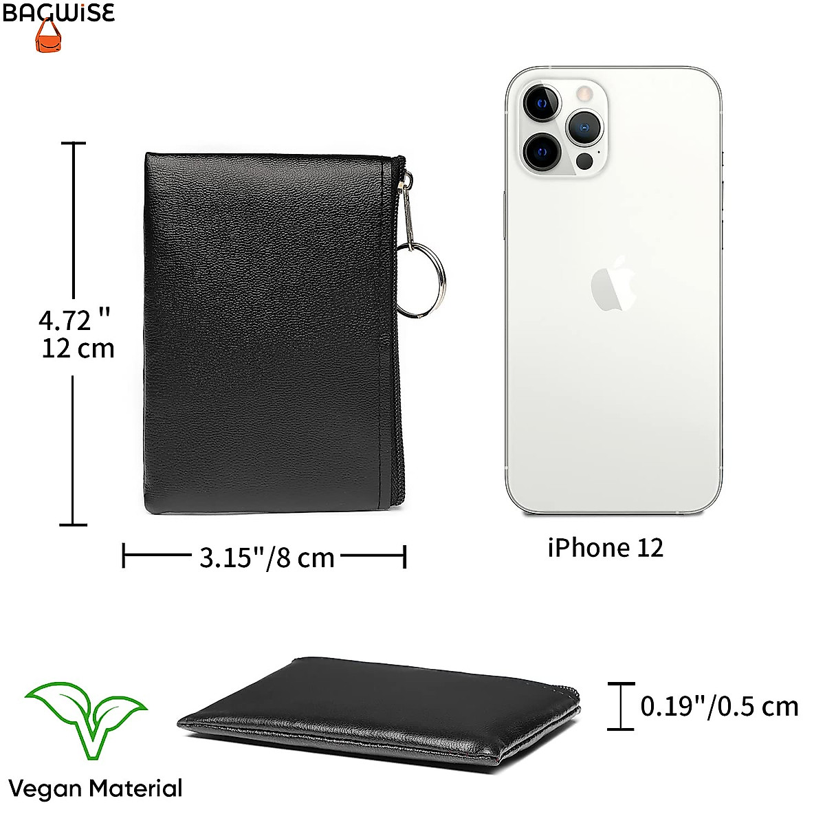 Coin Purse Pouch Change Purse Coin Wallet Change Holder, Vegan Leather Zippered Keychain Mini Coin Bag (Black)