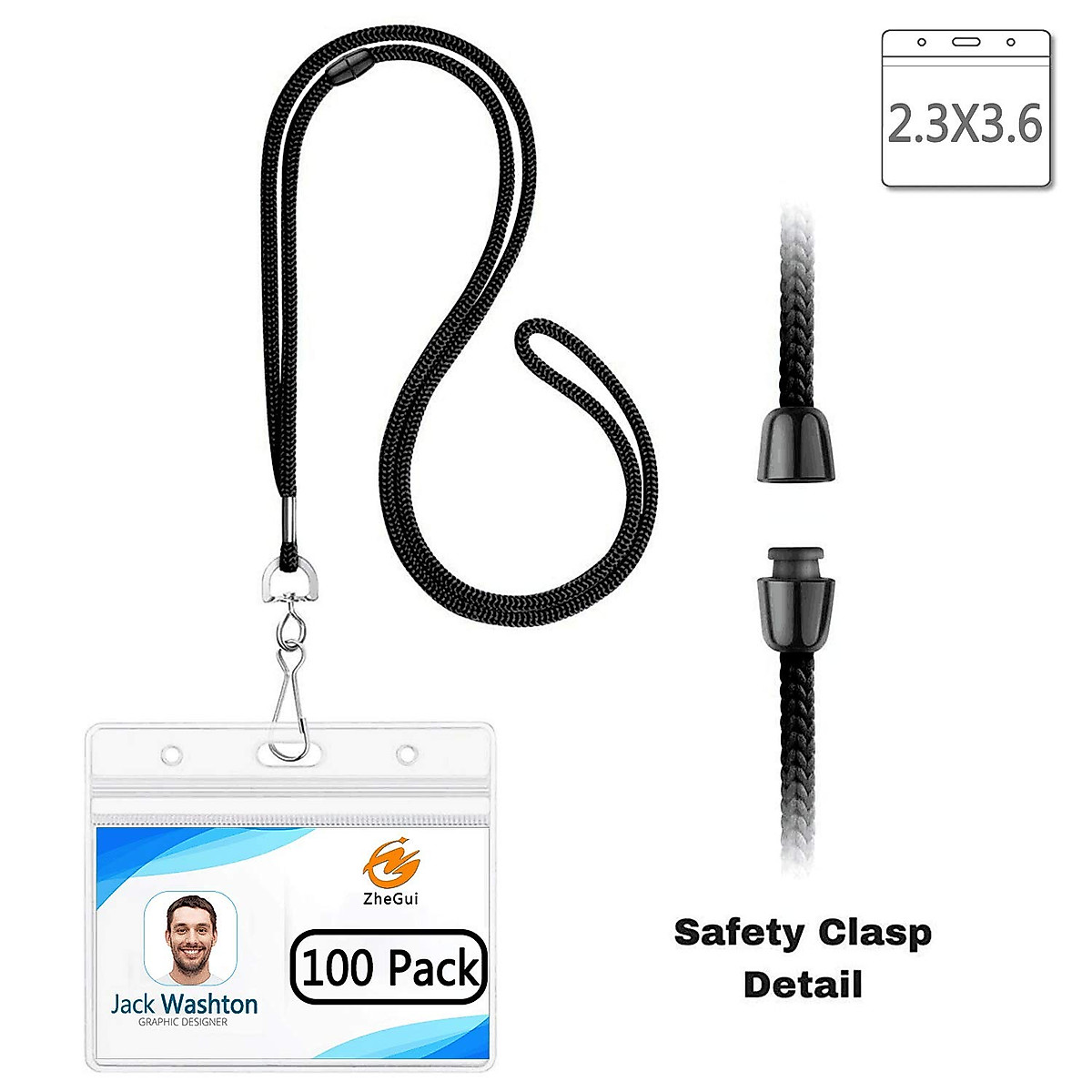 ZHEGUI Breakaway Lanyards with ID Holder Clear Plastic Horizontal Nametag Badge Holders (100 Pack, Satin Black)