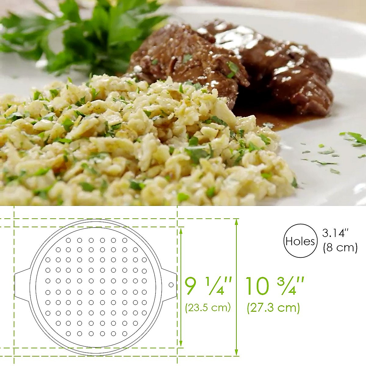 Hicook Stainless Steel Spaetzle Maker Lid with Scraper Traditional German Egg Noodle Maker Pan Pot Spaghetti Strainer