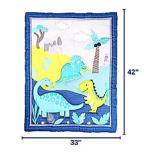 Baby Bees 4 Pieces Cartoon Dinosaurs Crib Bedding Sets for Boys and Girls | Baby Bedding Crib Set of Crib Fitted Sheet, Quilt, Dust Ruffle & Pillow Cover for Standard Size Crib,Blue