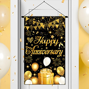 Anniversary Party Decorations Black Gold Happy Anniversary Door Banner Sign Small Wedding Anniversary Door Hanging Banner Porch Front Door Decor for Men Women Anniversary Cruise Door Sign Supplies