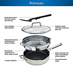 Ninja CW102WH Foodi NeverStick PossiblePan, Premium Set with 4-Quart Capacity Pan, Steamer/Strainer Basket, Glass Lid & Integrated Spatula, Nonstick, Durable & Oven Safe to 500°F, Vanilla Bean