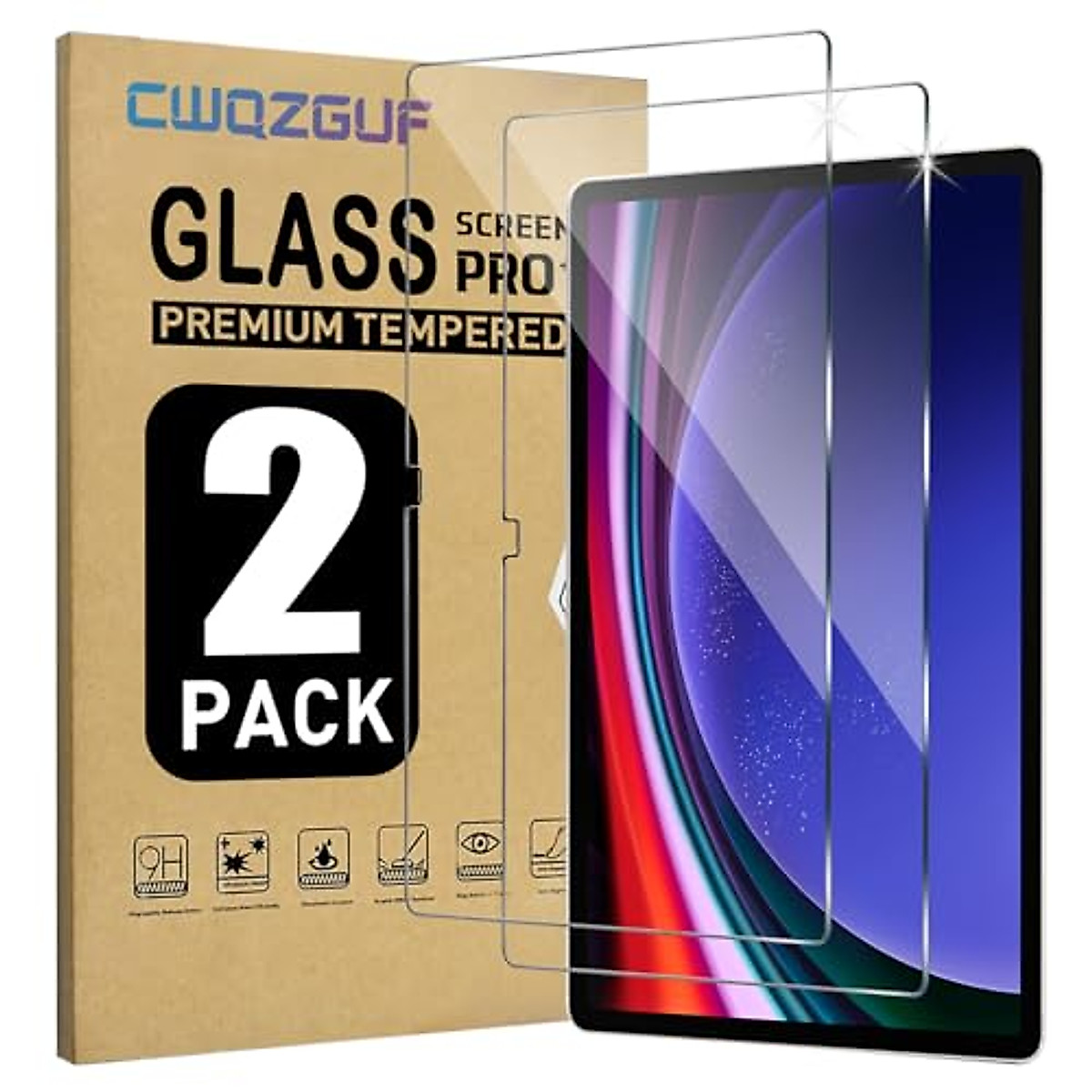 CWQZGUF 2 Pack Galaxy Tab S7 FE/S9 Plus/S8 Plus/S7 Plus 12.4 Inch Tempered Glass Screen Protector, 9H Hardness, High Clarity, Anti-Shatter, Bubble Free for Samsung Galaxy Tab S7 FE 5G/S9 Plus/S8