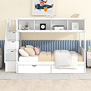 Harper & Bright Designs Twin Over Full Bunk Bed with Storage Staircase and 2 Drawers,Wood Bunk Bed Frame with 4 Storage Shelves for Kids Boys Girls Teens, No Box Spring Need,White