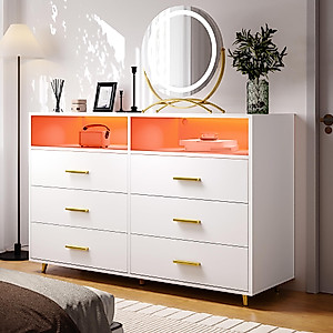 EnHomee Dresser for Bedroom, White Dresser with LED, Chests of Drawers, 6 Drawers & 2 Shelves for Bedroom, Wood Chests of Drawers, Large Space Saver Furniture