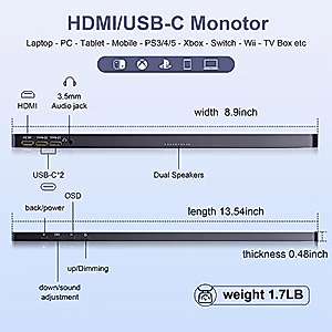 NIUTO Portable Monitor for Laptop 15.6 inch 1080p IPS 72 sRGB FHD 1920x1080 HDMI or USB C Computer VESA Display Travel Screen for MAC Mini MacBook Andriod Phone Xbox ps5 steam Deck Switch Monitor