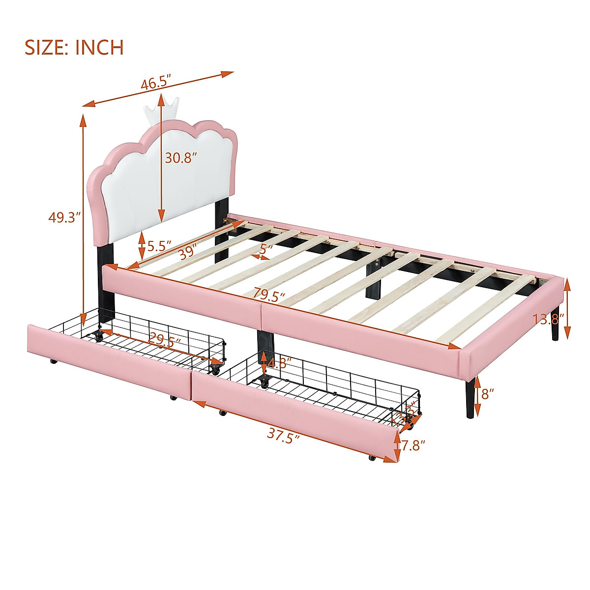 SOFTSEA Twin Size Princess Bed with Storage Drawers, Faux Leather Platform Bed with Crown Headboard for Kids Girls, No Box Spring Needed, Pink