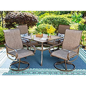 MFSTUDIO 5 Piece Patio Dining Set, 37" Square Outdoor Wood-Like Table and 4 Sling Swivel Chairs for Garden,Backyard,Poolside