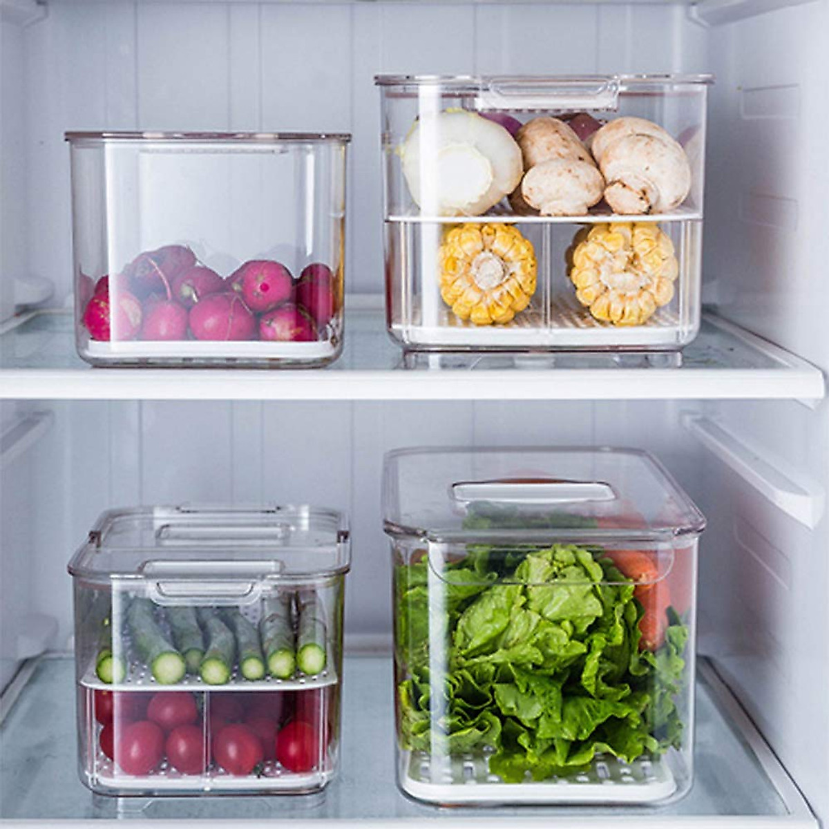 elabo Food Storage Containers Fridge Produce Saver- Stackable Food Storage Organizer Bins for Veggie, Berry and Fruits, Multi-Function Containers, Clear Plastic BPA Free