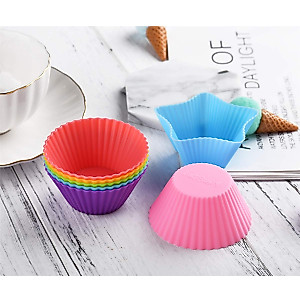 Mirenlife Reusable and Non-stick Silicone Baking Cups/Muffin Cup Molds in Storage Container-24 Pack-6 Vibrant Colors-4 Shapes(Flower,Star,Heart,Round)