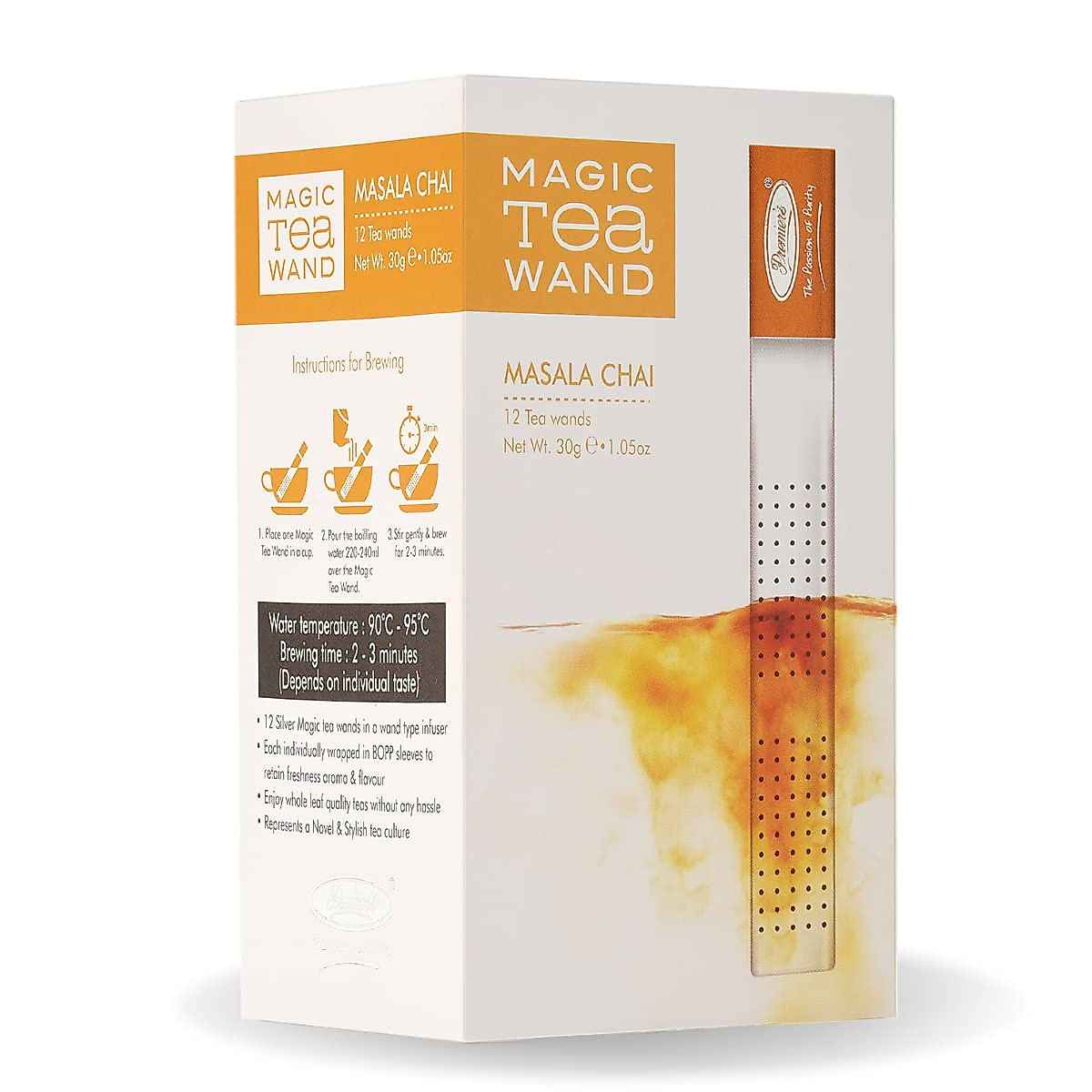 Premiers Masala Chai, Spice Flavoured Tea, Leaf Tea in Magic Tea Wands, 12 Wand Infusers, 30 GMS, No Additives, Tastes Best with Milk, Nostalgic Taste of Masala Chai, Tea Stick Infuser in a White Box