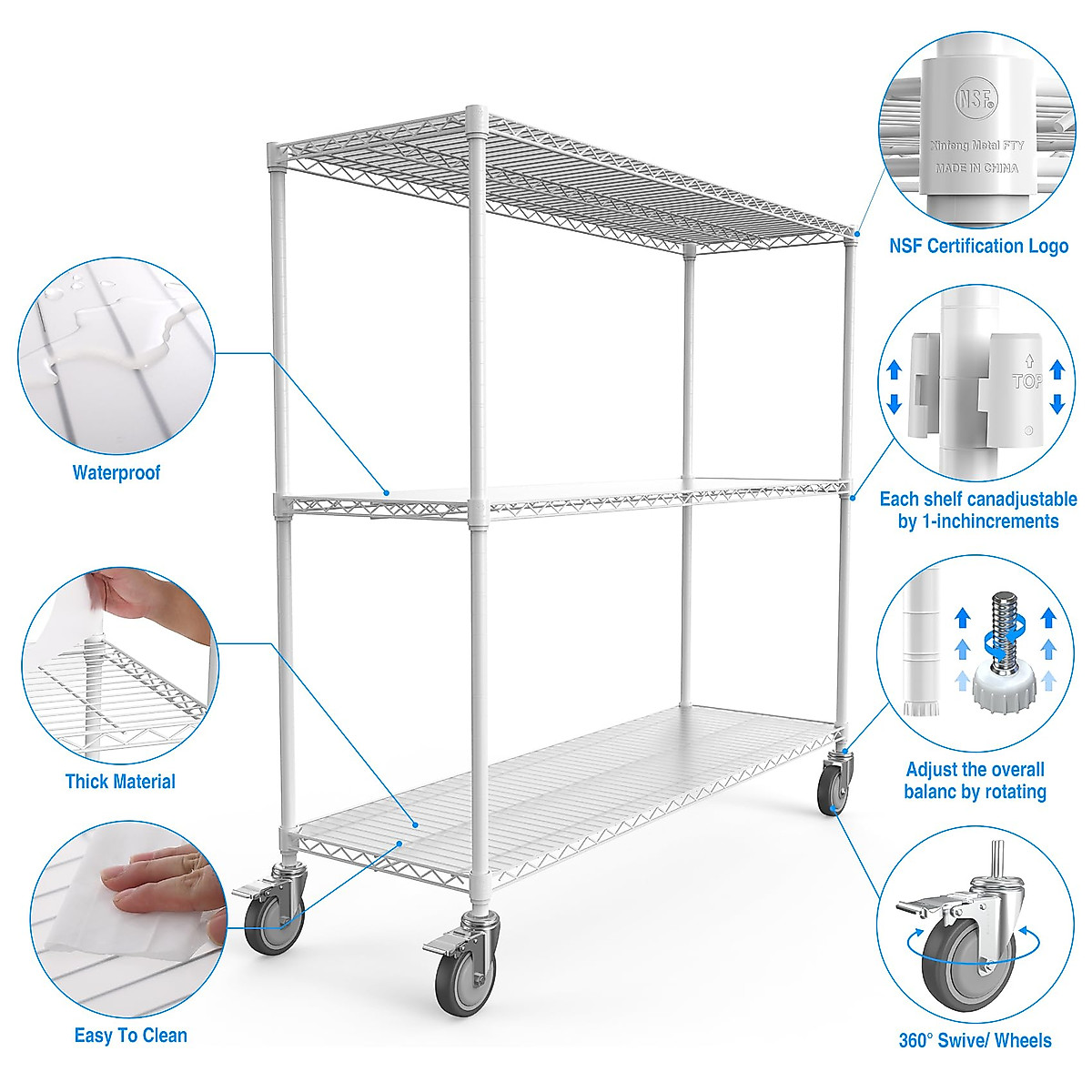 White 3 Tier NSF Metal Shelf Wire Shelving Unit, 18"D x 48"L x 54"H - 3000lbs Heavy Duty Adjustable Wire Rack with 5in Wheels and Shelf Liners for Garage Kitchen Office Garage Utility Storage Rack