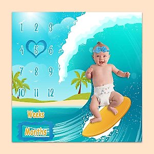 PHMOJEN Baby Monthly Milestone Blanket, Sea Surfboard Waves, Newborns 1 to 12 Months Unisex Include 4 Frames and 1 Headband 47"x47"BTLSPH495