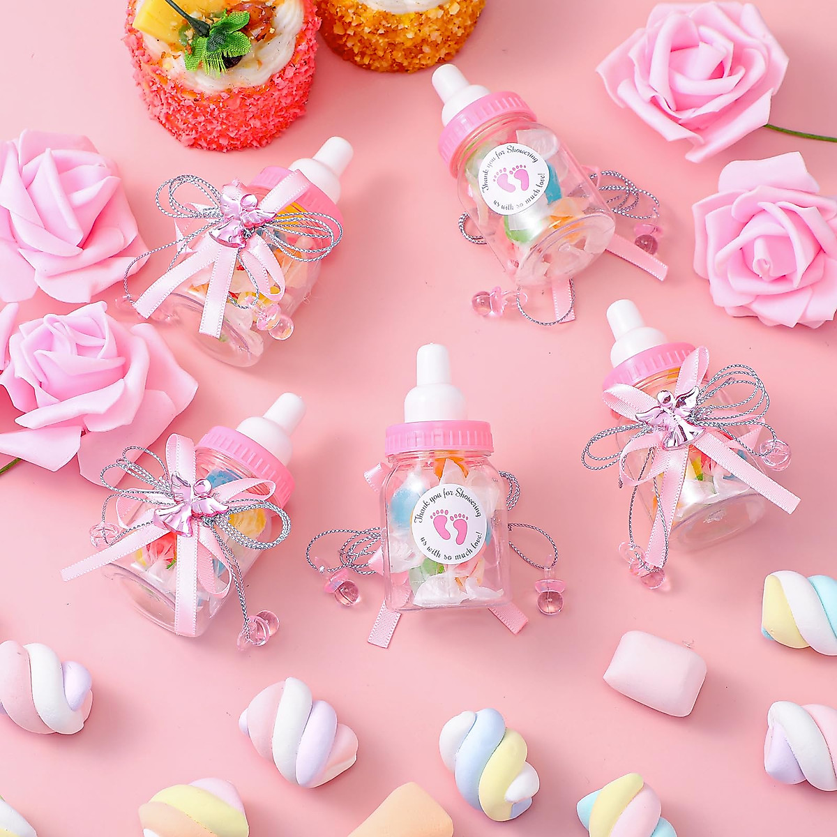Vesici 61 Pcs Baby Shower Party Favors Set, 48 Mini Angel Milk Bottles 1 Roll Thanks Sticker 12 Artificial Roses for Newborn Baptism Party(Pink)