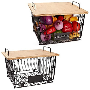 2 Pack Stackable Wire Storage Baskets with Wood Lid- Kitchen Countertop Organizer for Fruit Vegetable -Large Metal Bin for Pantry Organization and Storage, Black