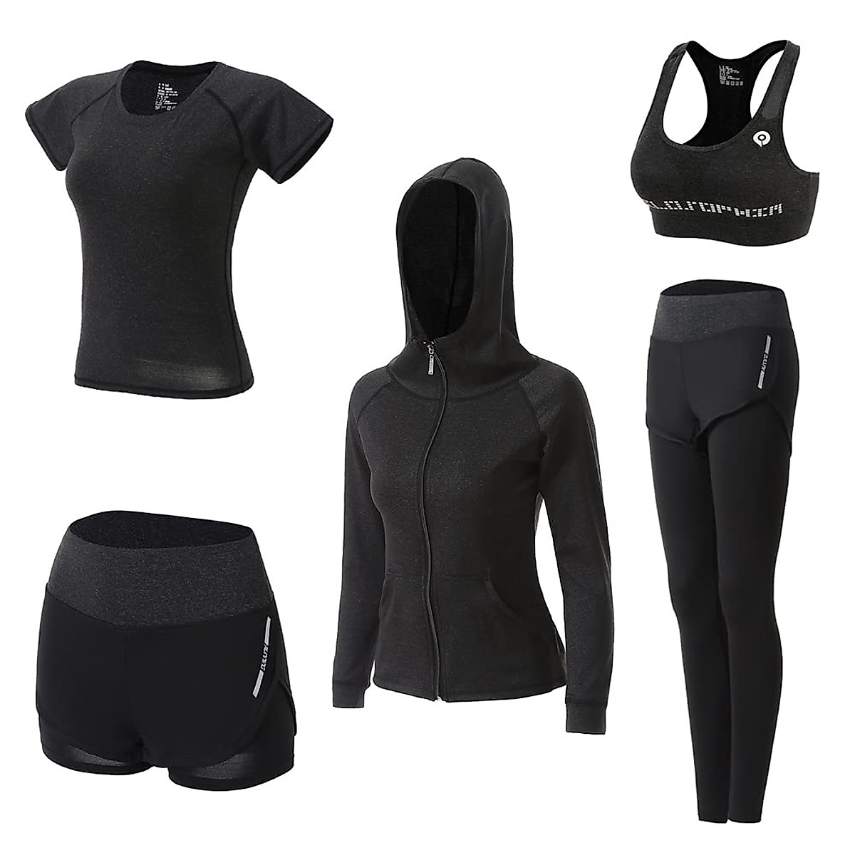 Nesyd Workout Sets for Women 5 Piece Yoga Exercise Fitness Gym Outfits Sport Running Athletic Clothing Set Tracksuits Sportwear Activewear (Black A, M)