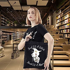 LEVLO Witch Canvas Tote Bag Witchy Gift Soul Of a Witch Heart Of a Hippie Shoulder Bag Witch Magic Merchandise (Soul Of a Witch BT)