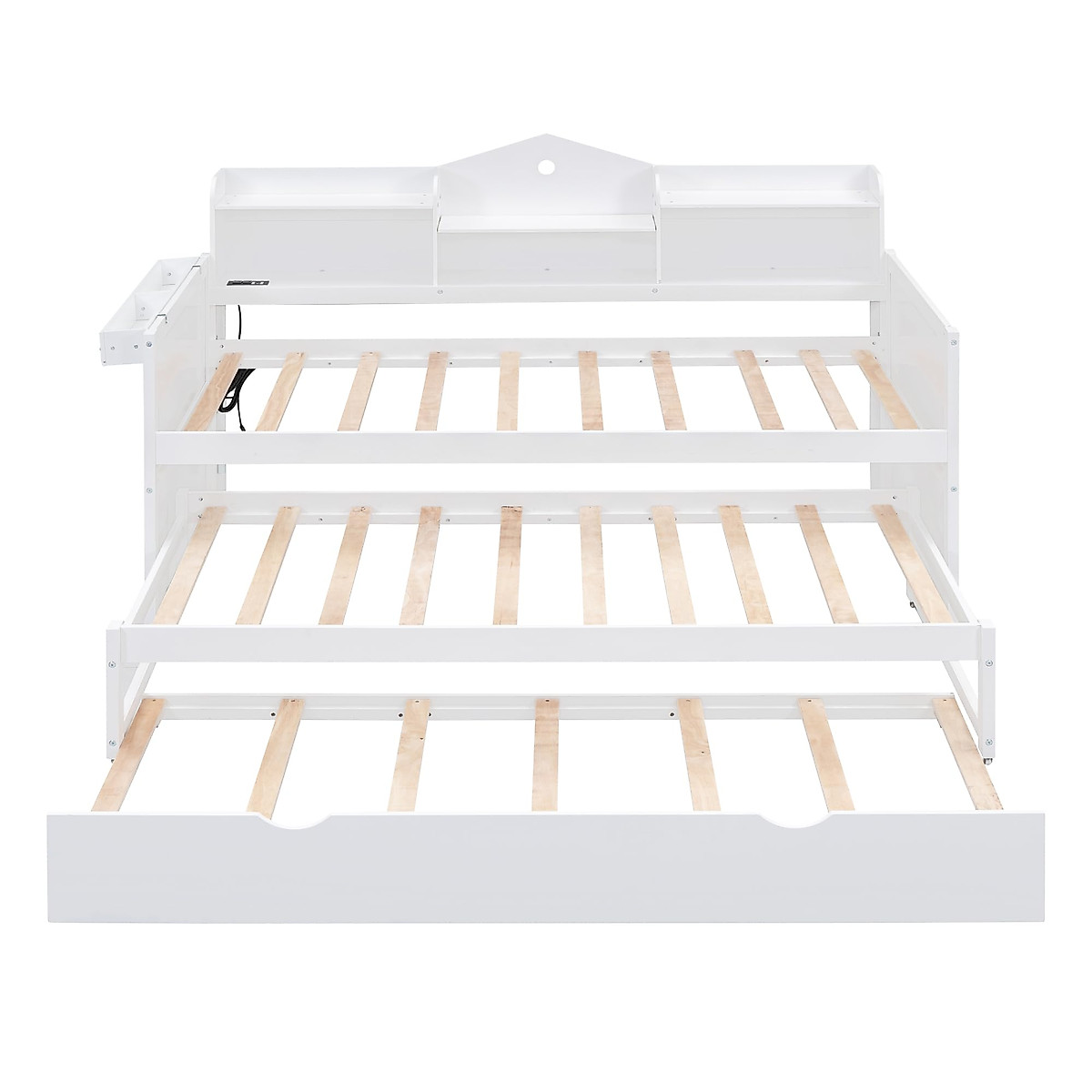 Merax Wooden Storage Shelf, Twin XL Daybed with 2 Trundle, White