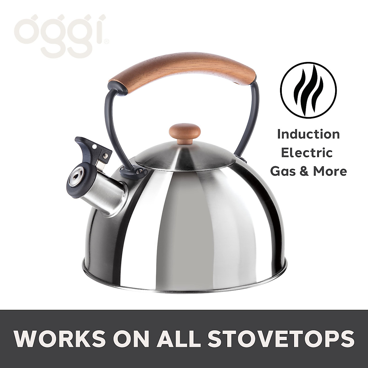 OGGI Tea Kettle for Stove Top - 85oz / 2.5lt, Stainless Steel Kettle with Loud Whistle & Stay-Cool Wood Handle, Ideal Hot Water Kettle and Water Boiler - Silver Mirror